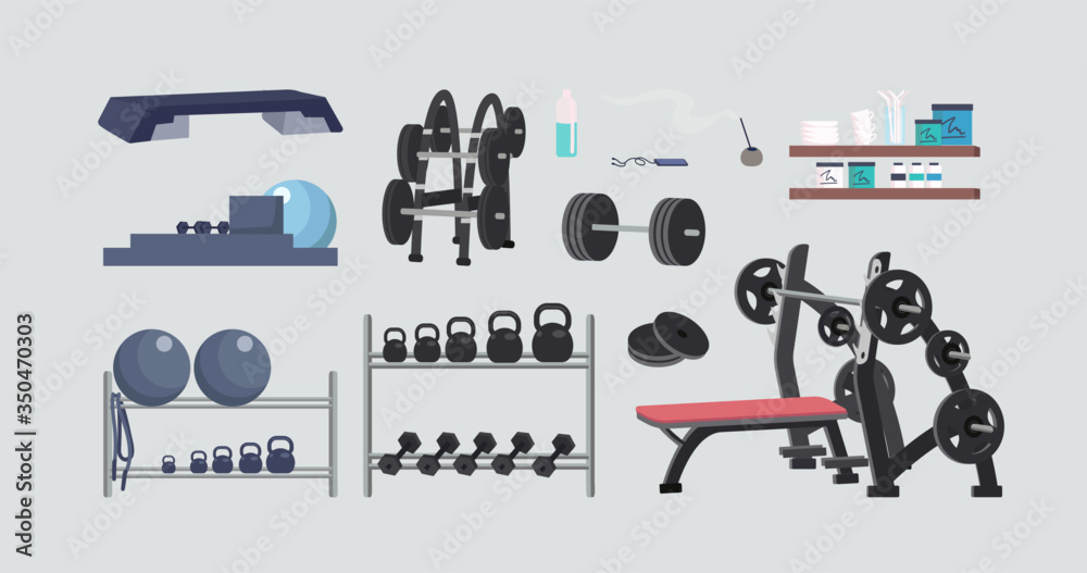 Gym equipment flat color vector objects set. Bodybuilding, aerobics and ...