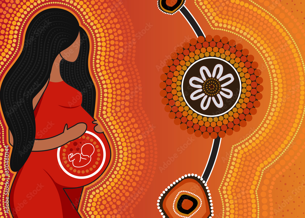 Aboriginal dot art vector painting with pregnant women, Mother and ...