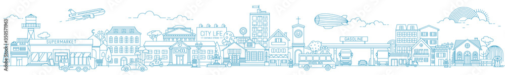Monochrome horizontal urban landscape with city or town street or ...