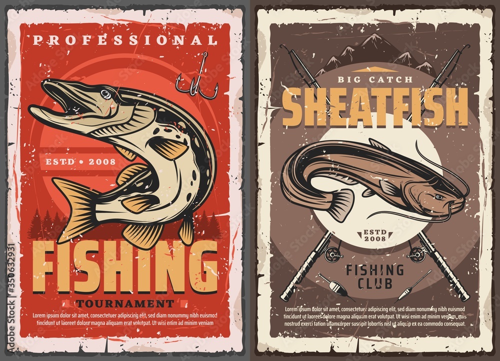 Pike and sheatfish fishing retro posters. Club tournament with luce ...