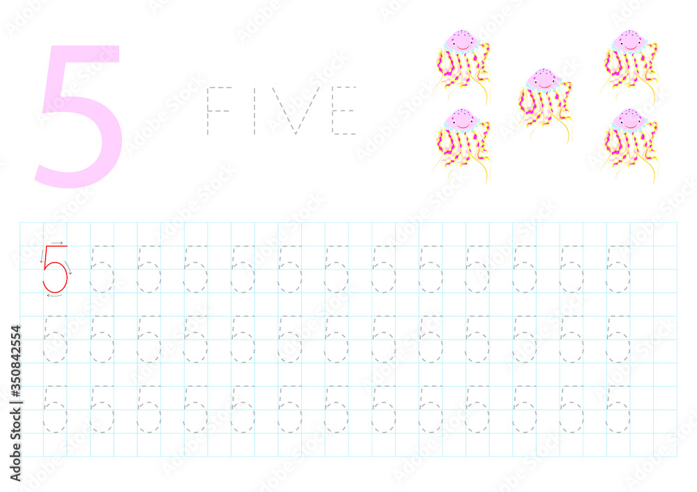 Number Five, Pregrafism on numbers, Card for Learning to Write Children ...