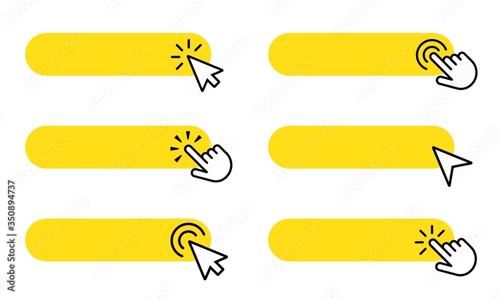 Yellow buttons with clicking hand or arrow pointer set. Click here vector template. Stock Vector ...