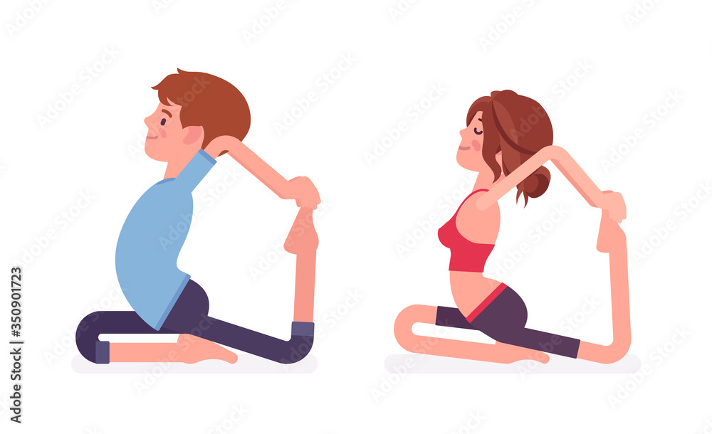 Young yogi man, woman in sports wear practicing yoga, partners doing ...