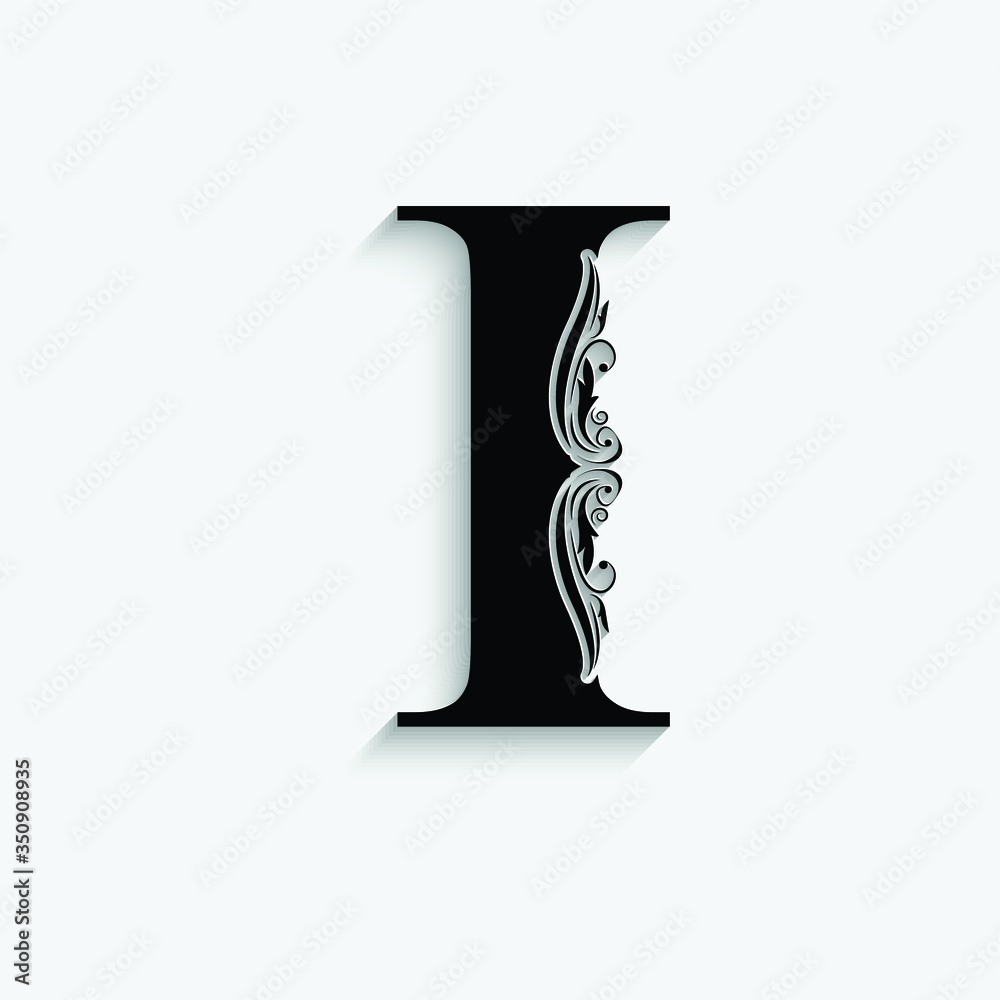 letter I. Black flower alphabet. Beautiful capital letters with shadow ...