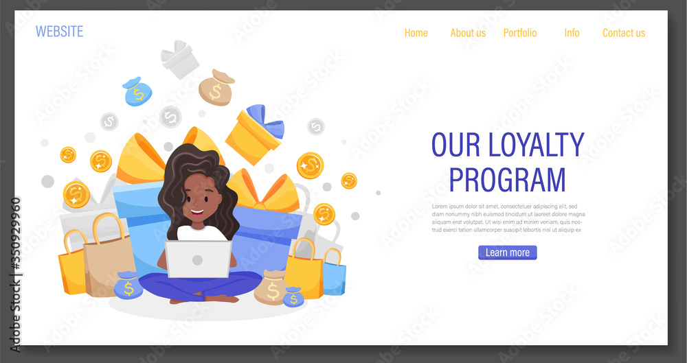 Online reward program banner with happy black African girl with laptop ...