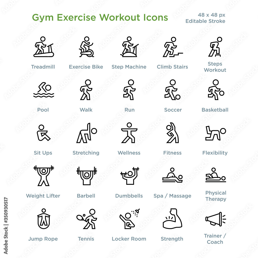 Gym Exercise Workout Icons - Outline Stock Vector | Adobe Stock