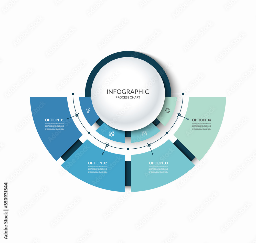 Infographic semi circular chart divided into 4 parts. Step-by step diagram with four options ...