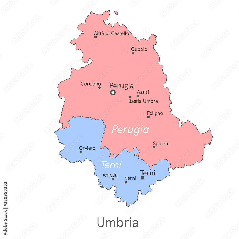 Vector illustration: administrative map of Umbria with the borders of ...