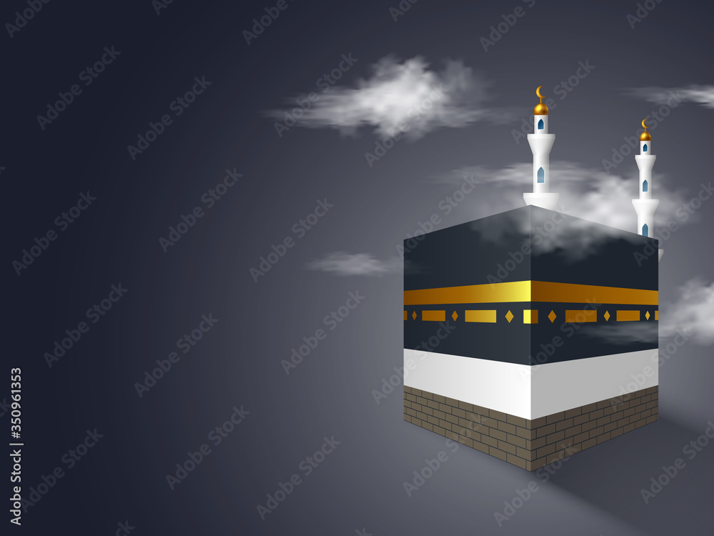 Holy Kaaba with mosque in the clouds. Realistic style, night dark blue ...