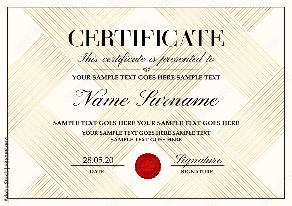 Certificate template with line pattern, frame and red wax seal. Gold ...