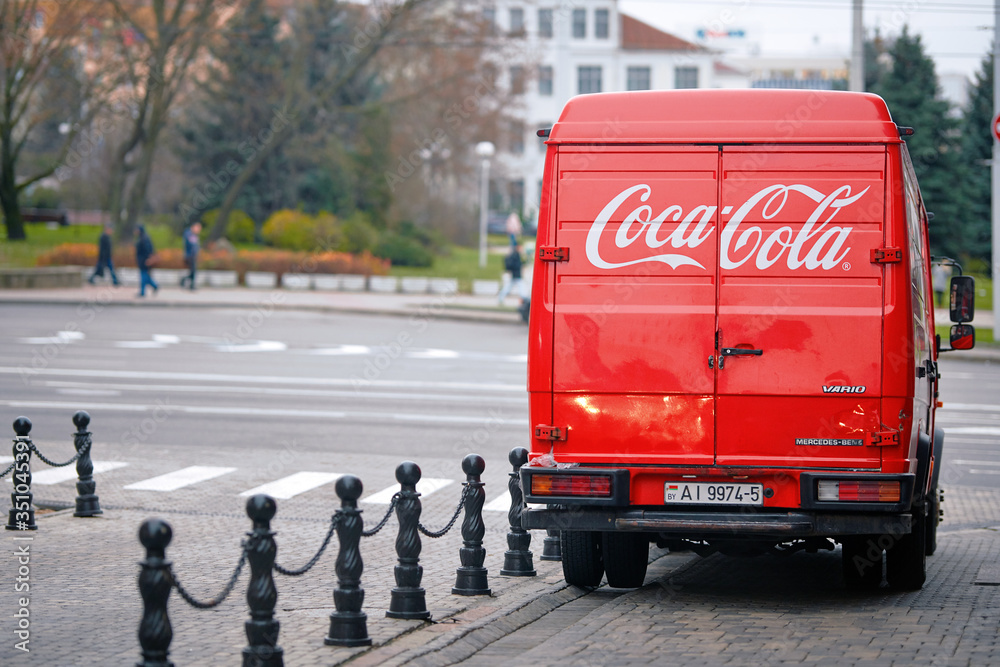 Minsk, Belarus - Nov 2019. Coca Cola van parked at pedestrian street in ...