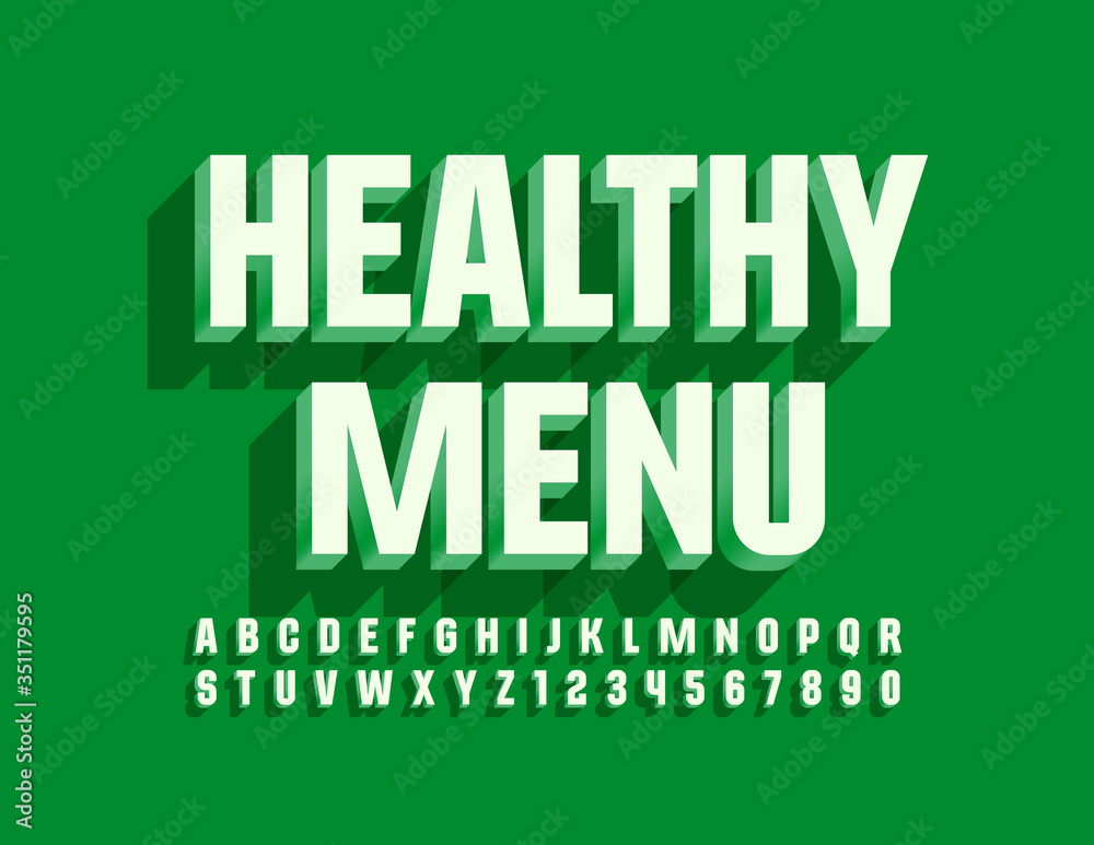 Vector green template Health Menu. 3D Simple Font. Modern Alphabet ...