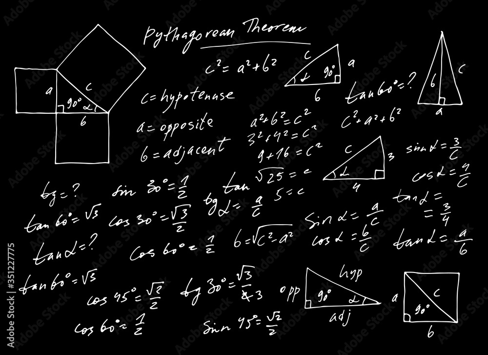Handwritten trigonometric vector set, hand drawn monochrome math ...