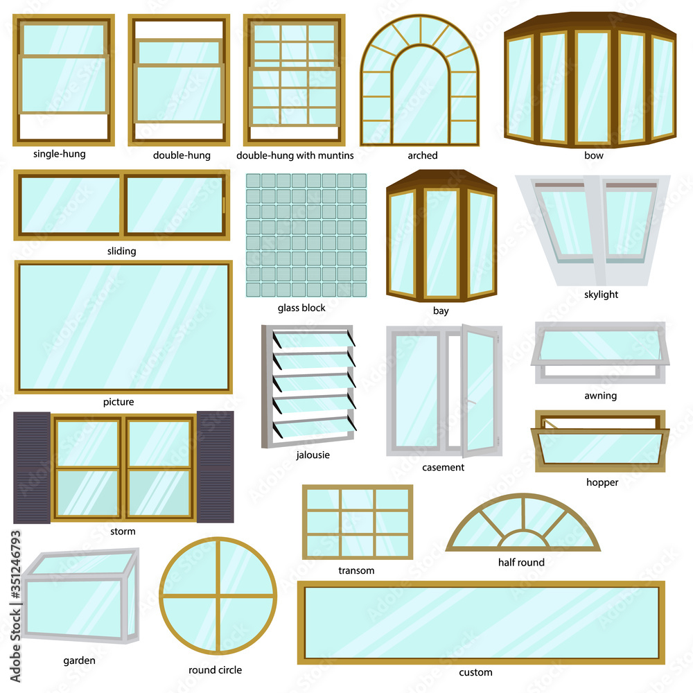 Different windows types. Architecture window set. Vector illustration ...