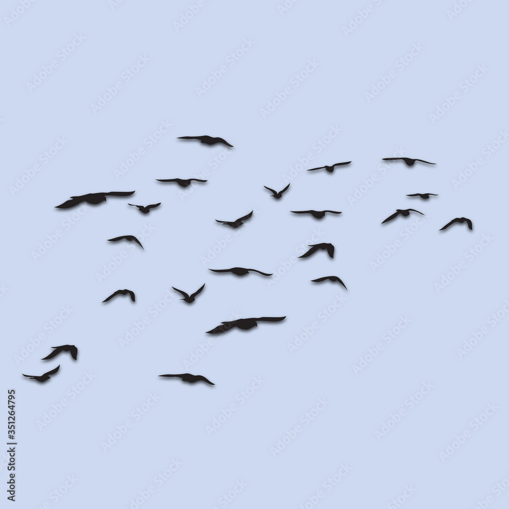 Flying birds silhouettes paper cut drop shadow on isolated background ...