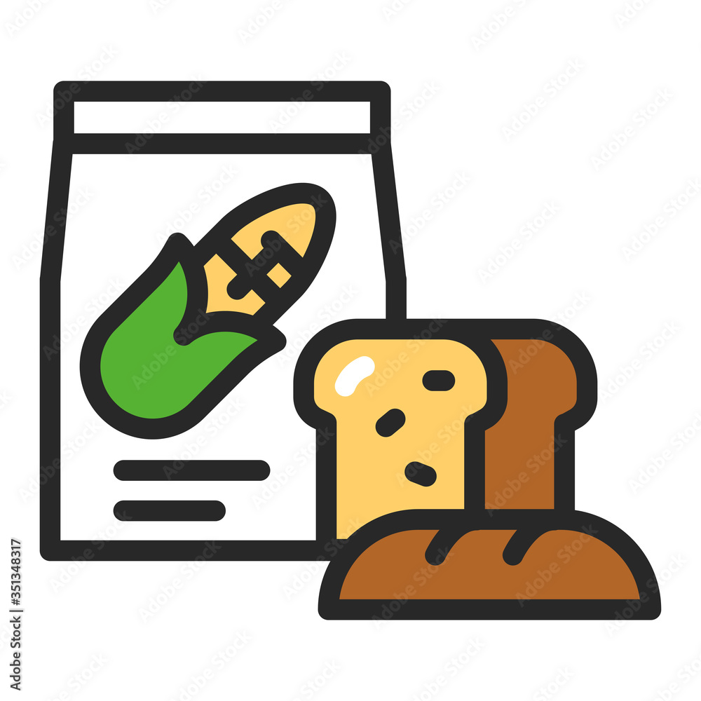 Flour package and healthy bread color line icon. Fiber source. Baking ...