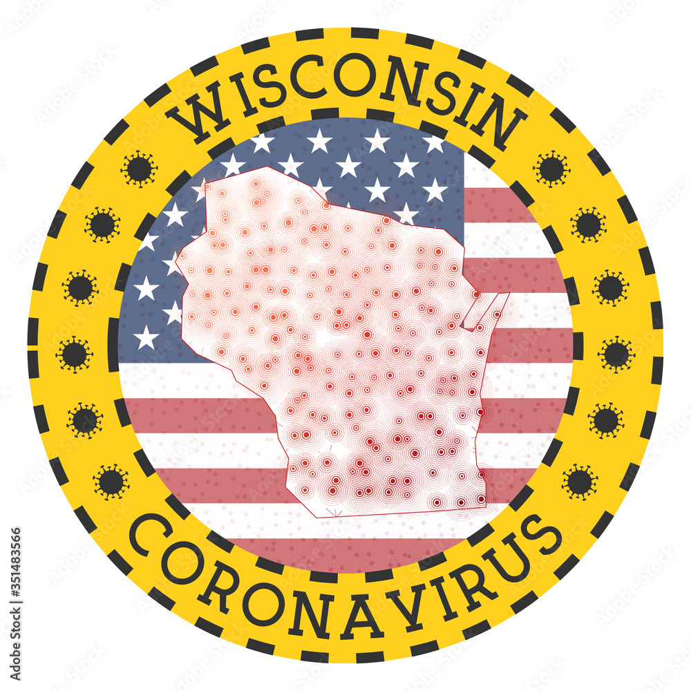 Coronavirus in Wisconsin sign. Round badge with shape of Wisconsin ...