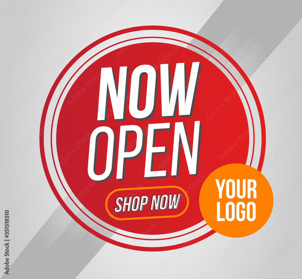 Now open shop or new store red and orange color sign on white ...