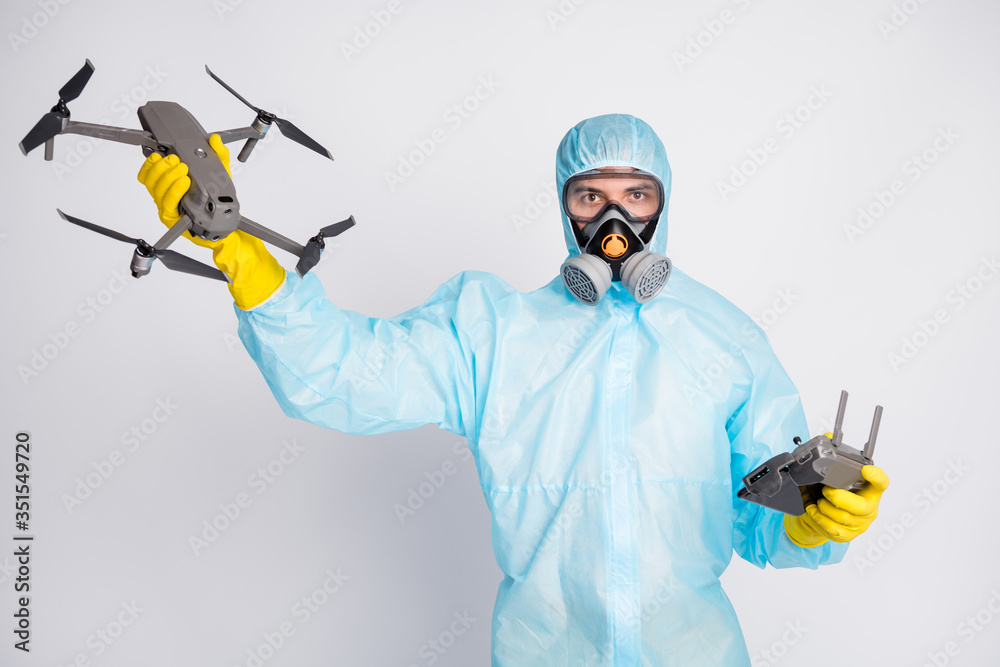 Portrait of man hold joystick airplane drone fly air sky monitor ...
