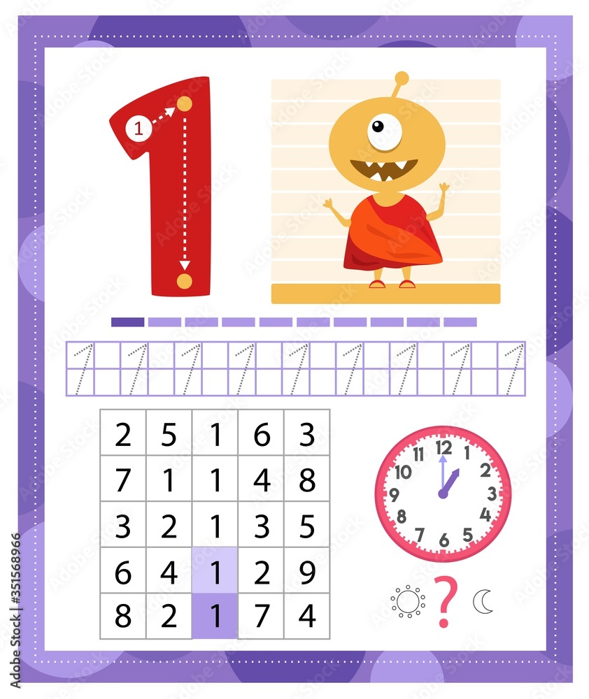 Stock-Vektorgrafik „Learning Number 1 with funny monster. Coloring ...