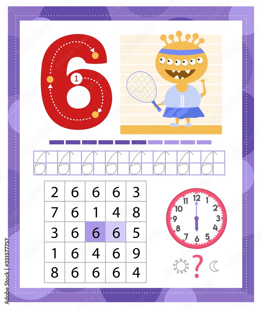 Learning Number 6 with funny monster. Coloring printable worksheet for ...