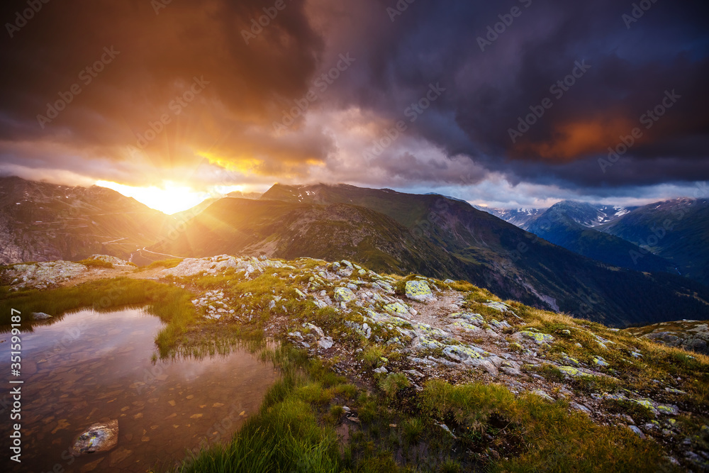 Epic views of mountain slopes in the sunbeams. Location place of ...