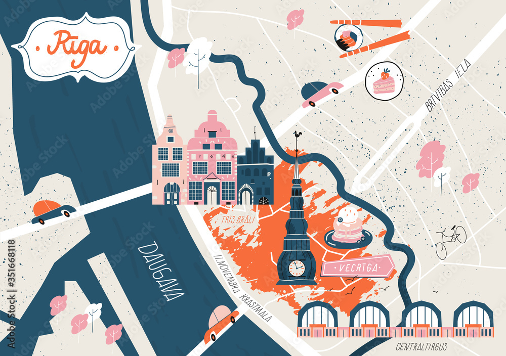 Illustrated map of Riga, Latvia. Modern hand-drawn stylized map of a ...
