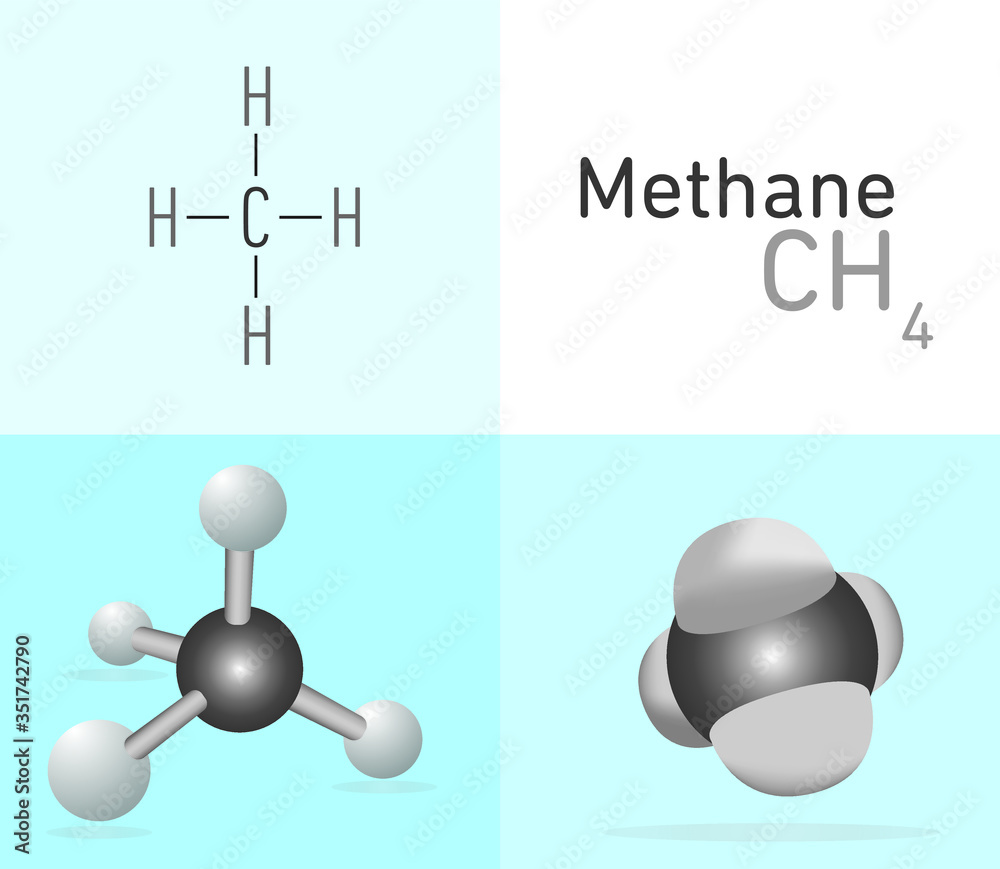 Methane (CH4) gas molecule. Two different molecule model and chemical ...
