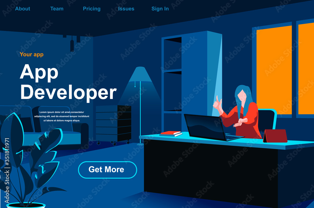 App development isometric landing page. Programmer working with computer in office website ...