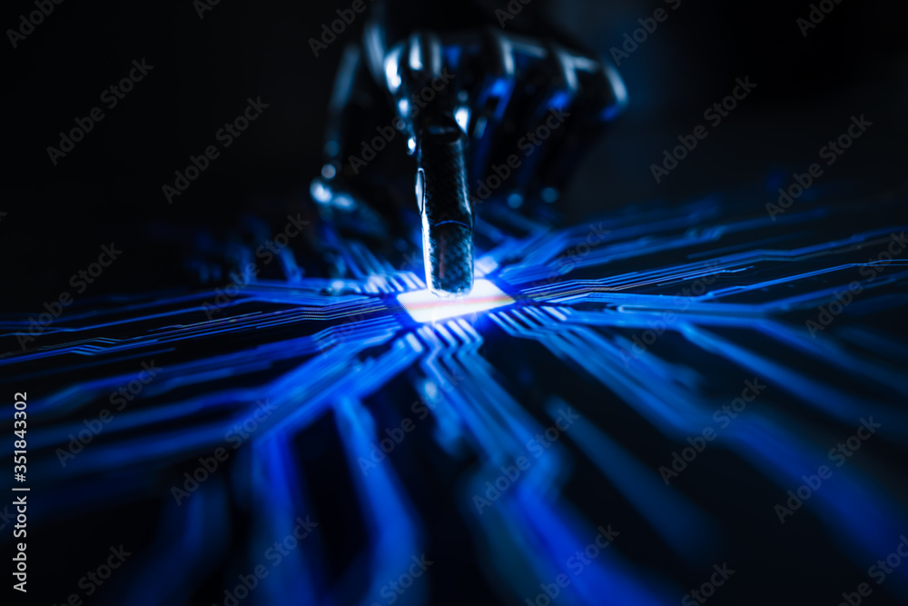 Foto de Stock Digitalization Concept: Futuristic Robot Arm Interacting with Screen, Finger ...