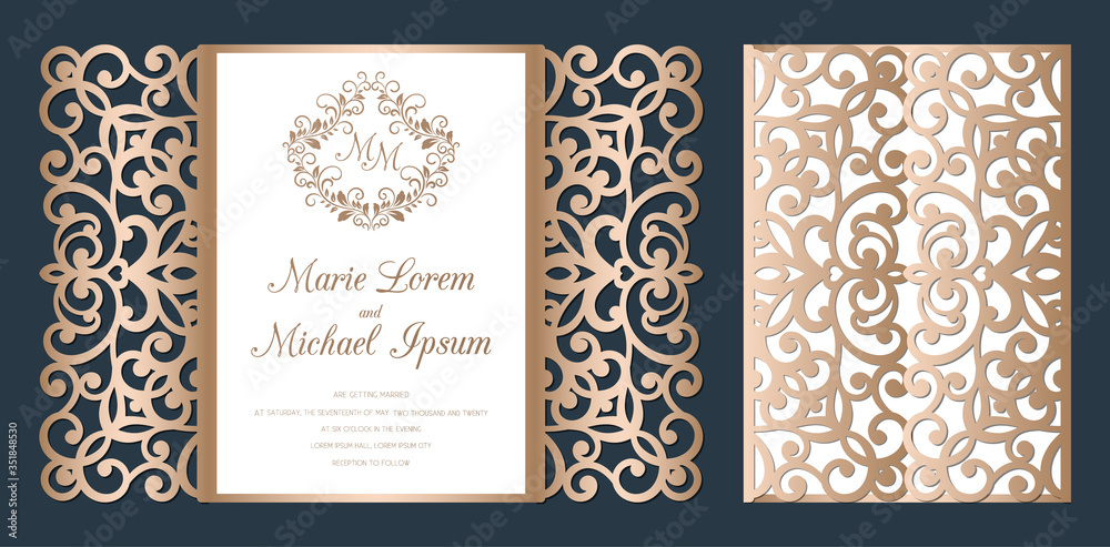 Laser cut wedding invitation gate fold card template vector. Paper ...