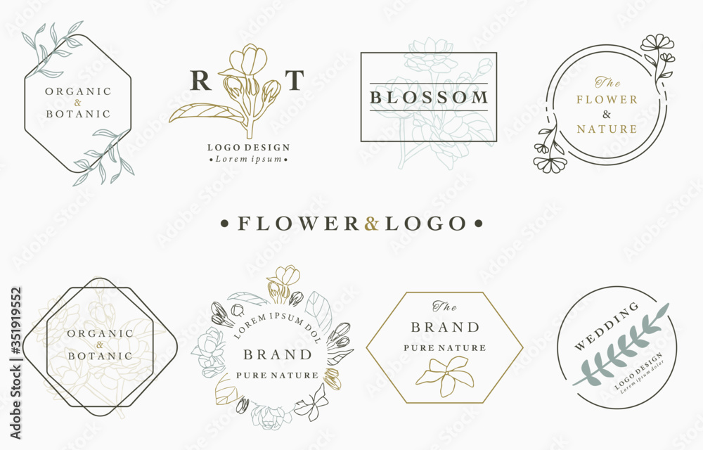 flower logo collection with leaves,geometric,circle,square frame.Vector ...