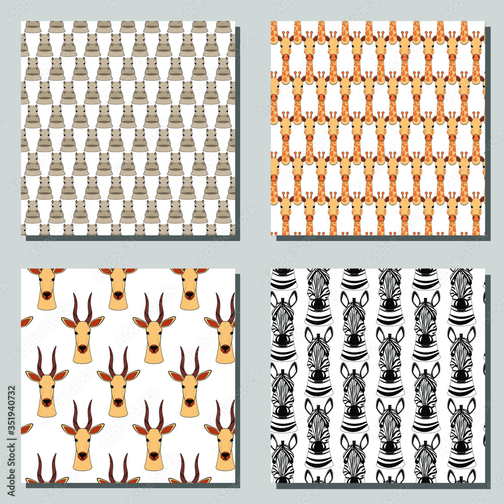 Nabor besshovnykh tekstur s golovami zebry,antilopy,zhirafa i begemota ...