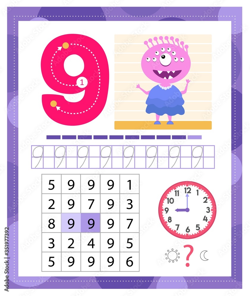 Learning Number 9 with funny monster. Coloring printable worksheet for ...