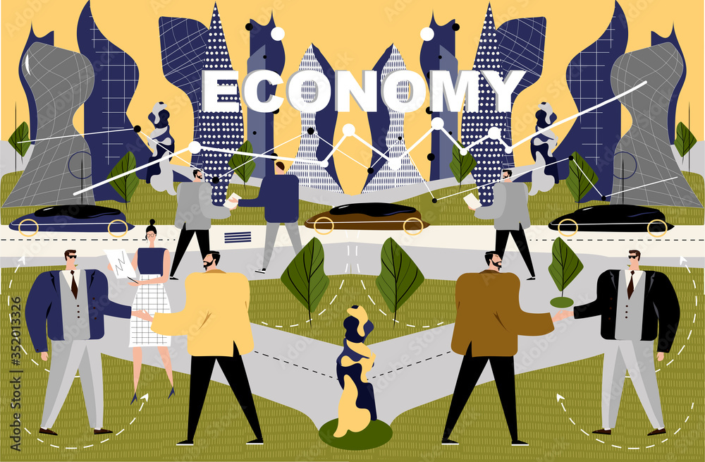 The economy. Vector illustration with modern city, people, economy ...