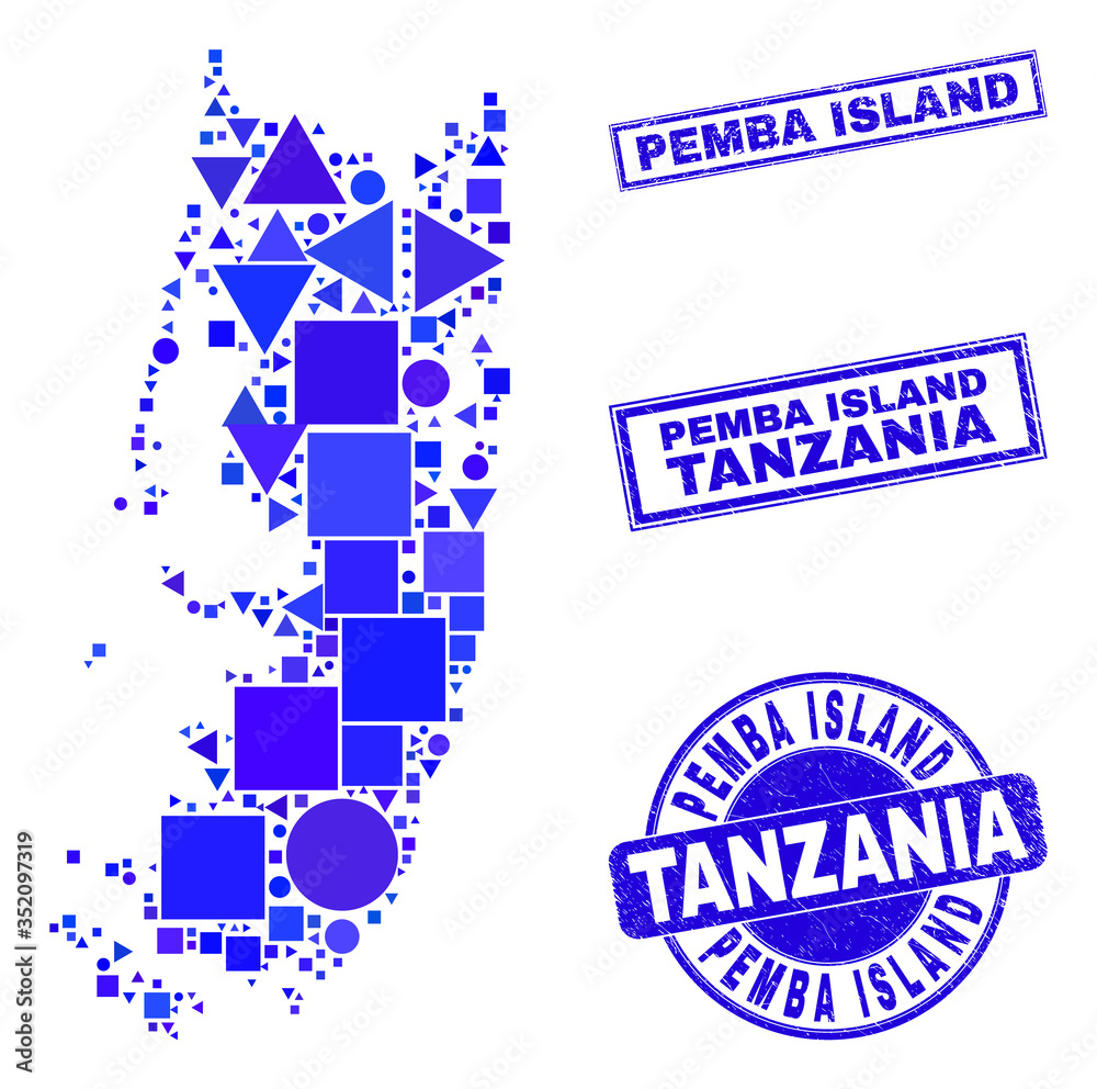 Vector mosaic Pemba island map. Geographic collage in blue color tones ...