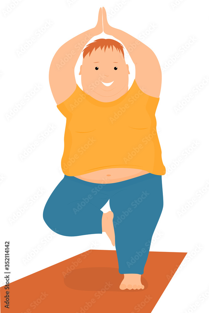 Gymnastics for fat children. Body positive. Overweight boy stands on ...
