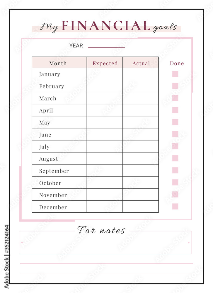 Finance goals minimalist planner page design. Yearly resolution for ...