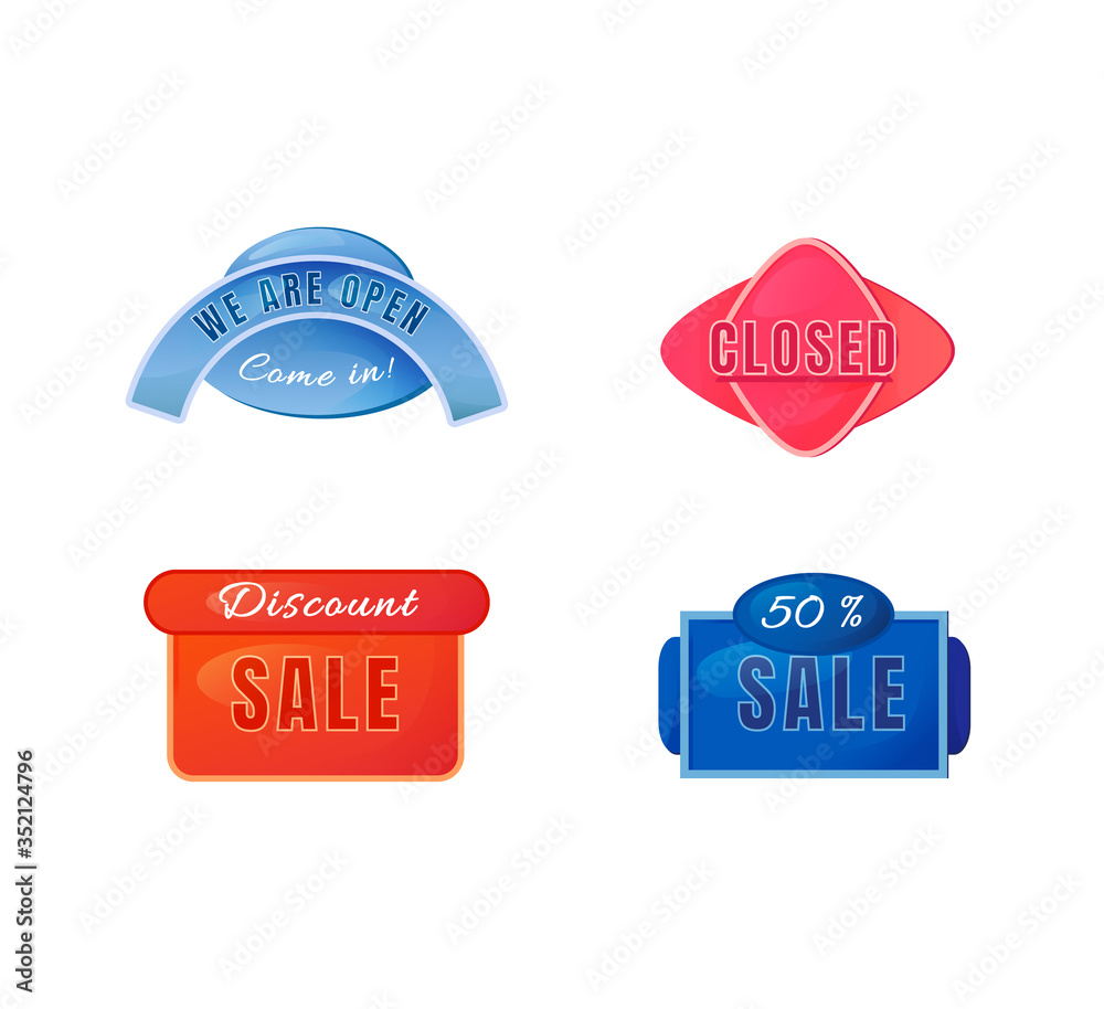 Marketing vector board sign illustrations set. Shop signboard designs ...