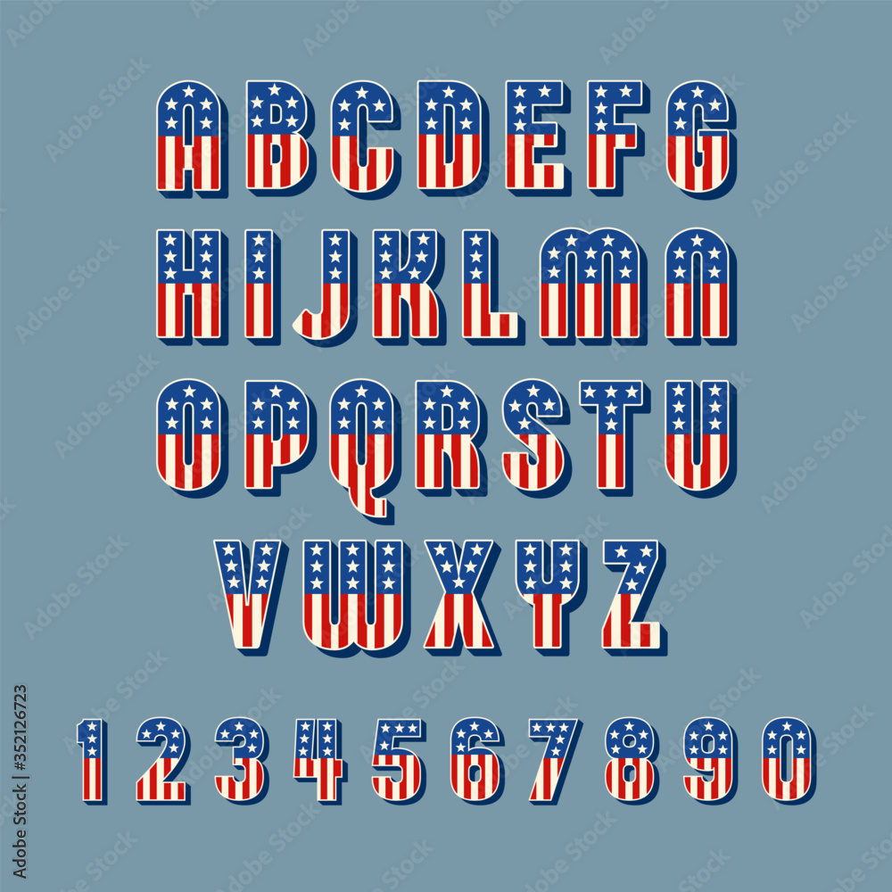 Patriotic font with American flag stars and stripes pattern. For 4th of ...