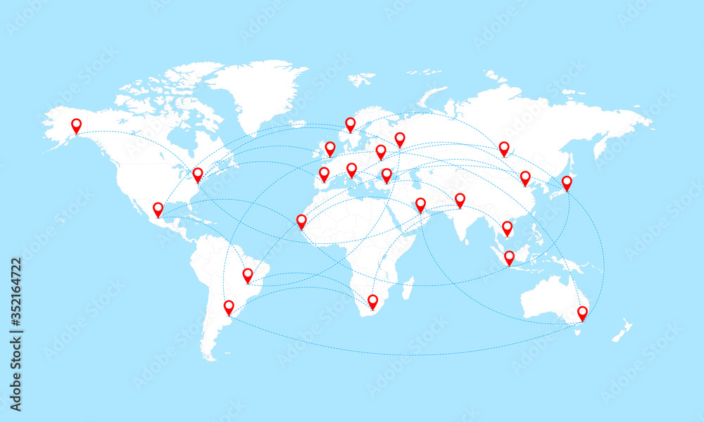 World map with countries borders and red location pointers. Stock ...
