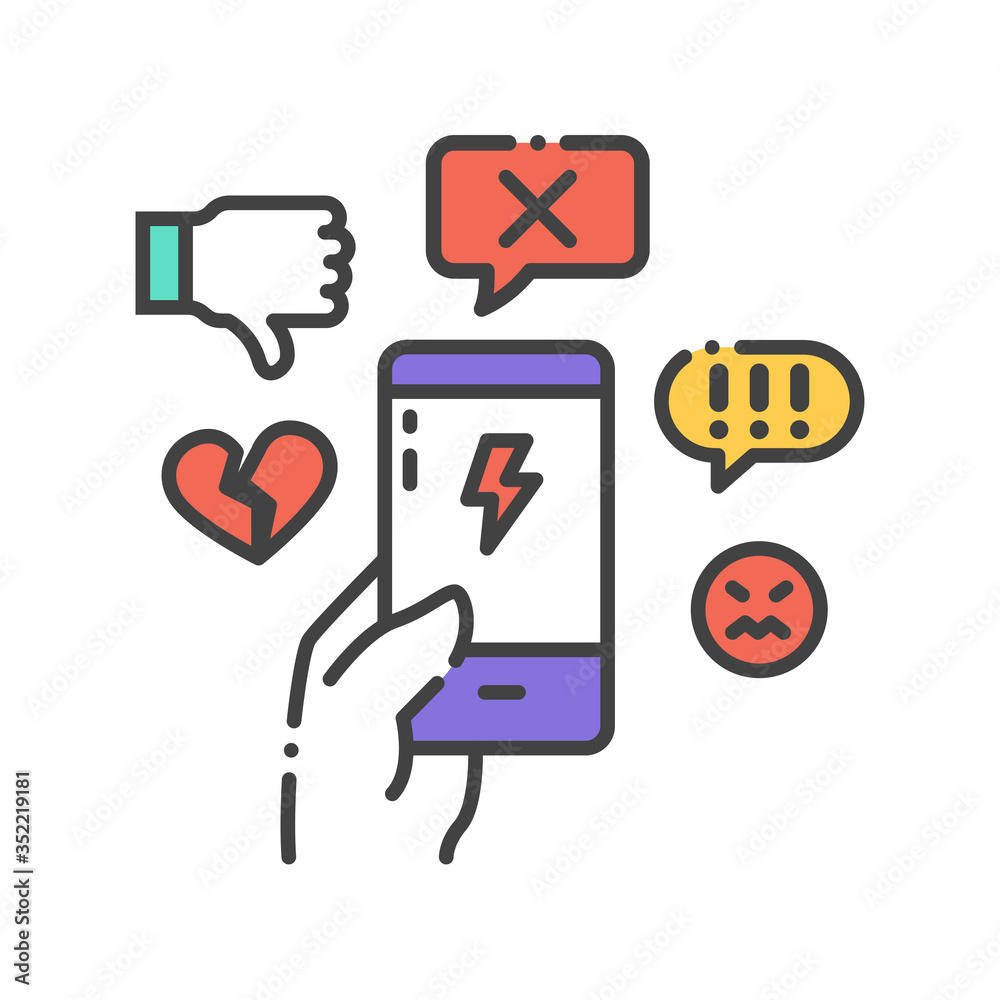 Cyberbullying victim hand holding smartphone. Abuse, internet, hate ...