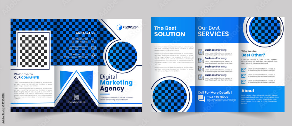 Tri-fold vector brochure template with blue rectangular elements for ...