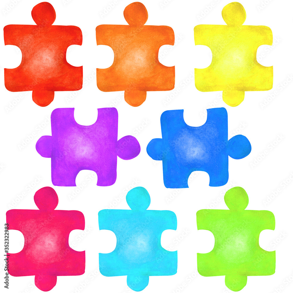 Set of colorful jigsaw puzzles isolated on white background. Symbol of ...