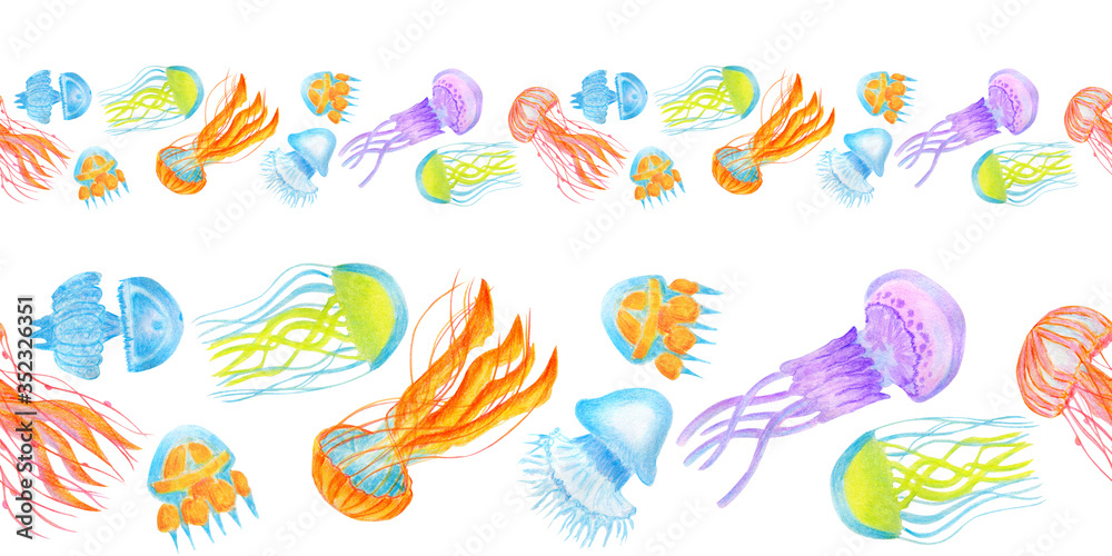 Seamless border with colorful jellyfish isolated on white background ...