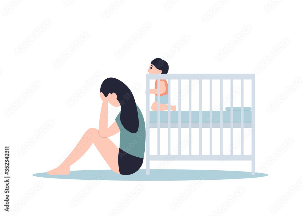 Postpartum depression concept. Sad mother sitting near baby bed ...