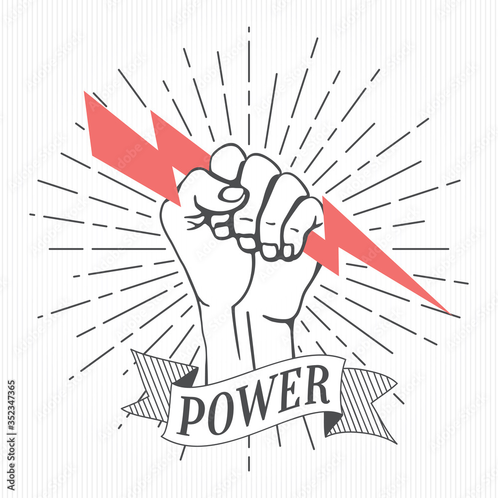 Raised Hand or Fist Holding and Gripping Lightning Bolt Sign over Rays ...