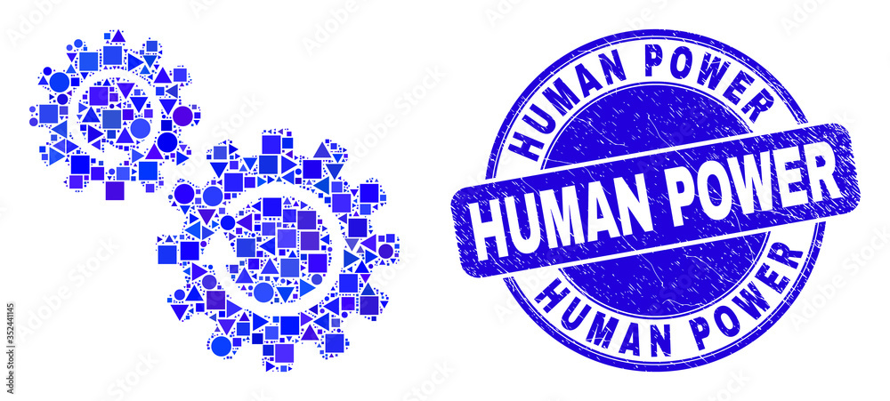 Geometric gears rotation mosaic icon and Human Power watermark. Blue ...