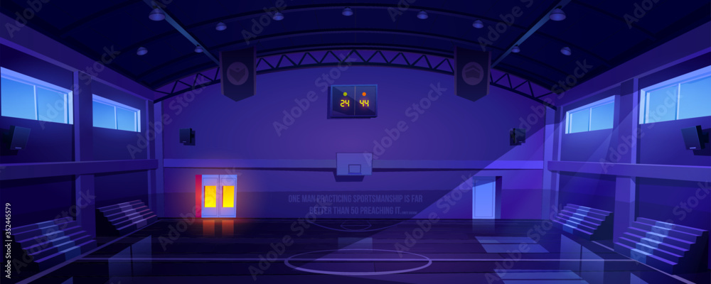 Basketball court interior at night, dark sports arena or hall for team ...