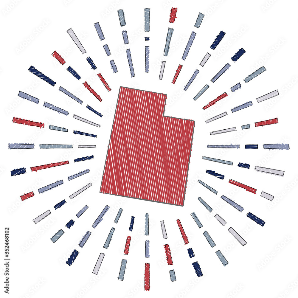 Sketch map of Utah. Sunburst around the us state in flag colors. Hand ...